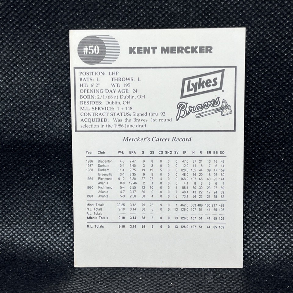 Kent Mercker 1992 Lykes Atlanta Braves Oddball Regional Issue Rare | eBay