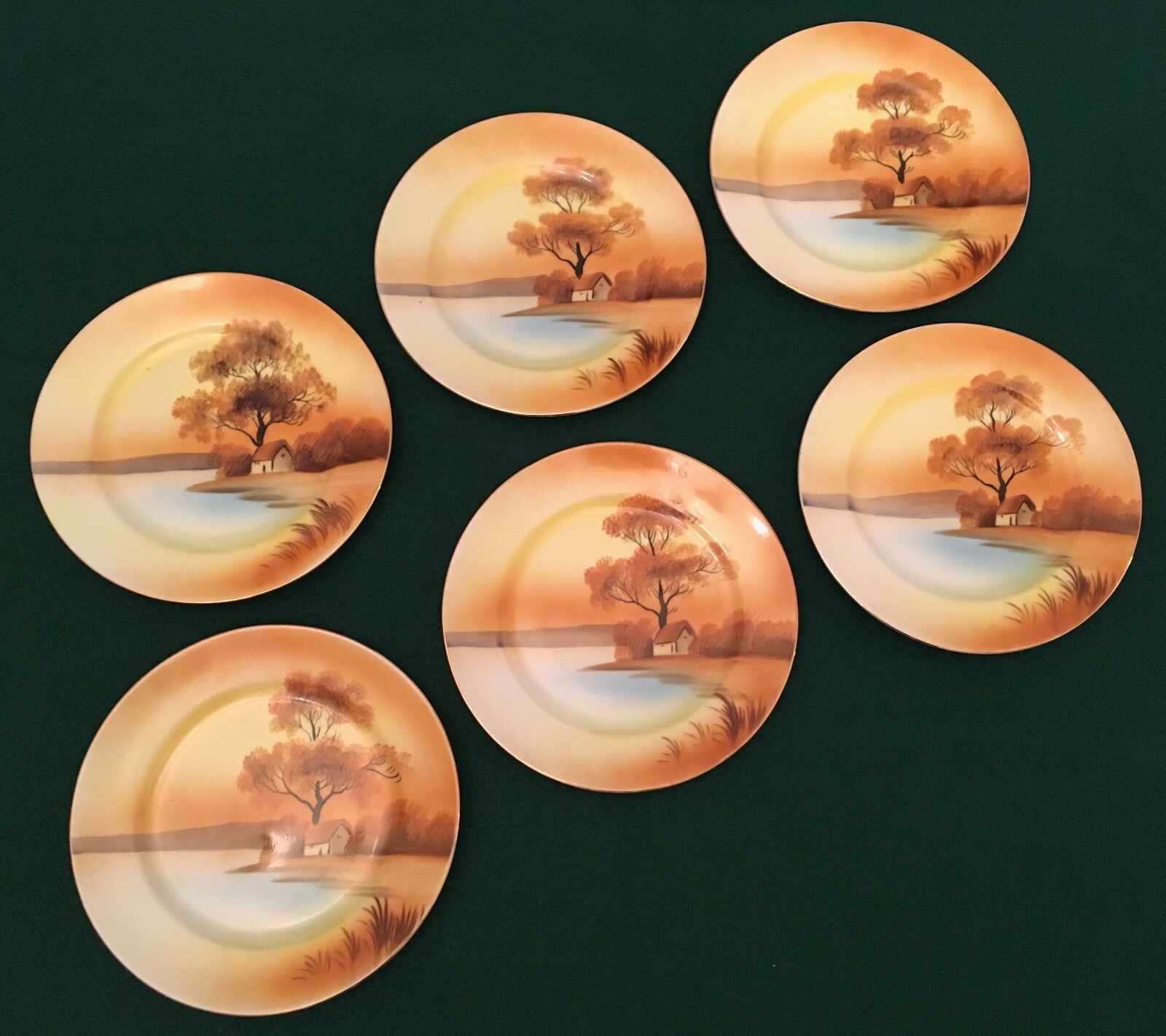Lot of 6 NORITAKE M Hand Painted China Small Plates House On a Lake w ...