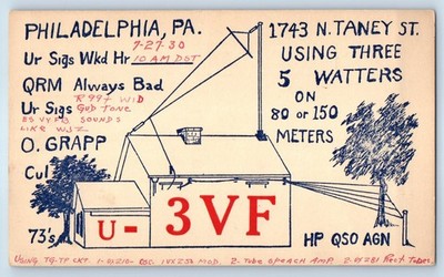 Philadelphia Pennsylvania PA Postcard Radio U-3VF QSL Ham Radio 1930 ...