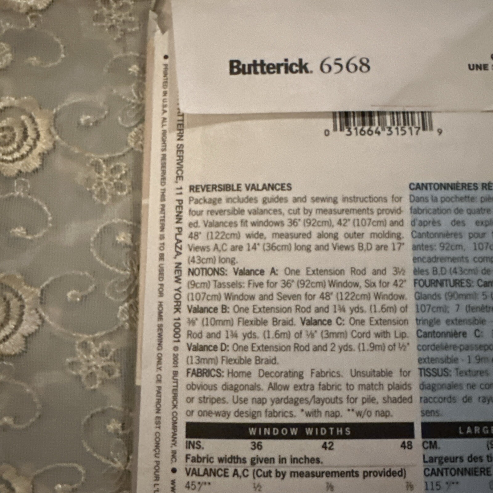 Butterick Sewing Pattern Uncut 6568 Reversible Valances for sale online ...