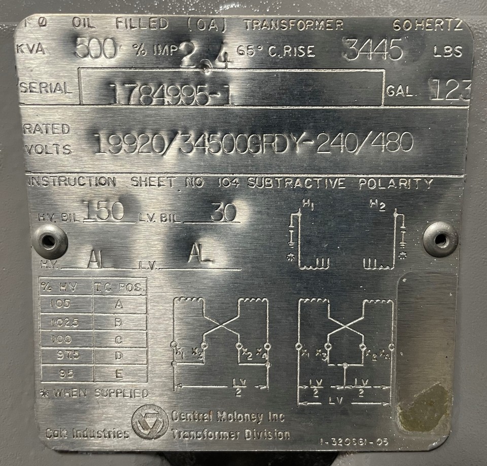 Colt 500 kVA 19920/34500GRDY - 240/480 V Pole Mount Transformer 500KVA ...