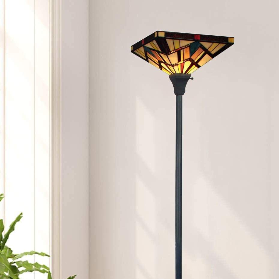 Stained Glass Torchiere Lamp Handmade Brown & White Shade Tiffany