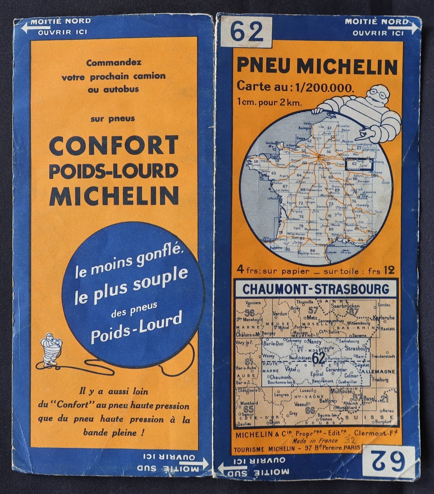 MICHELIN Map 62 CHAUMONT STRASBOURG 1932 Guide Bibendum tire tire map ...