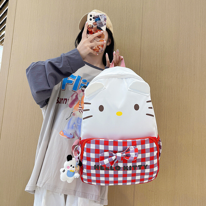 Hello Sanrio Kitty School Backpack Red Grid School Bag Student ...
