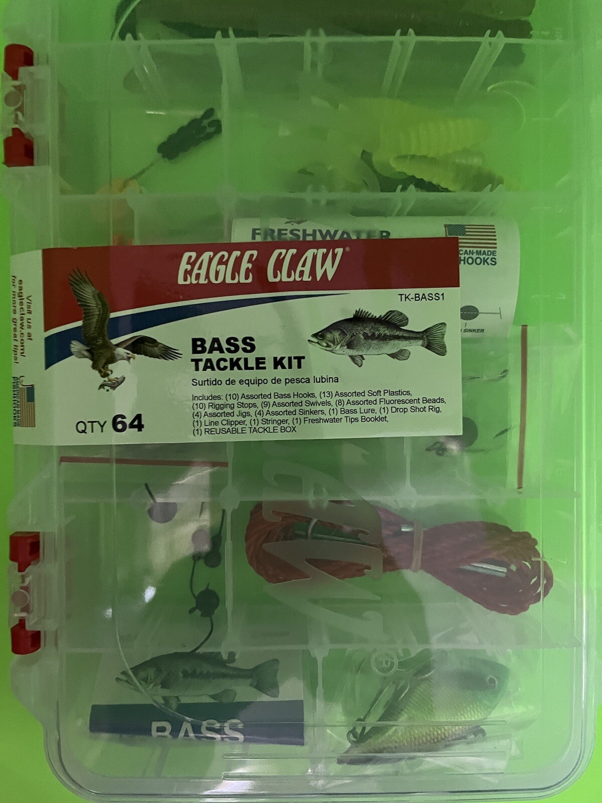 Fishing Eagle Claw Bass Tackle Kit 64pcs Including Clear Tackle Box NEW ...