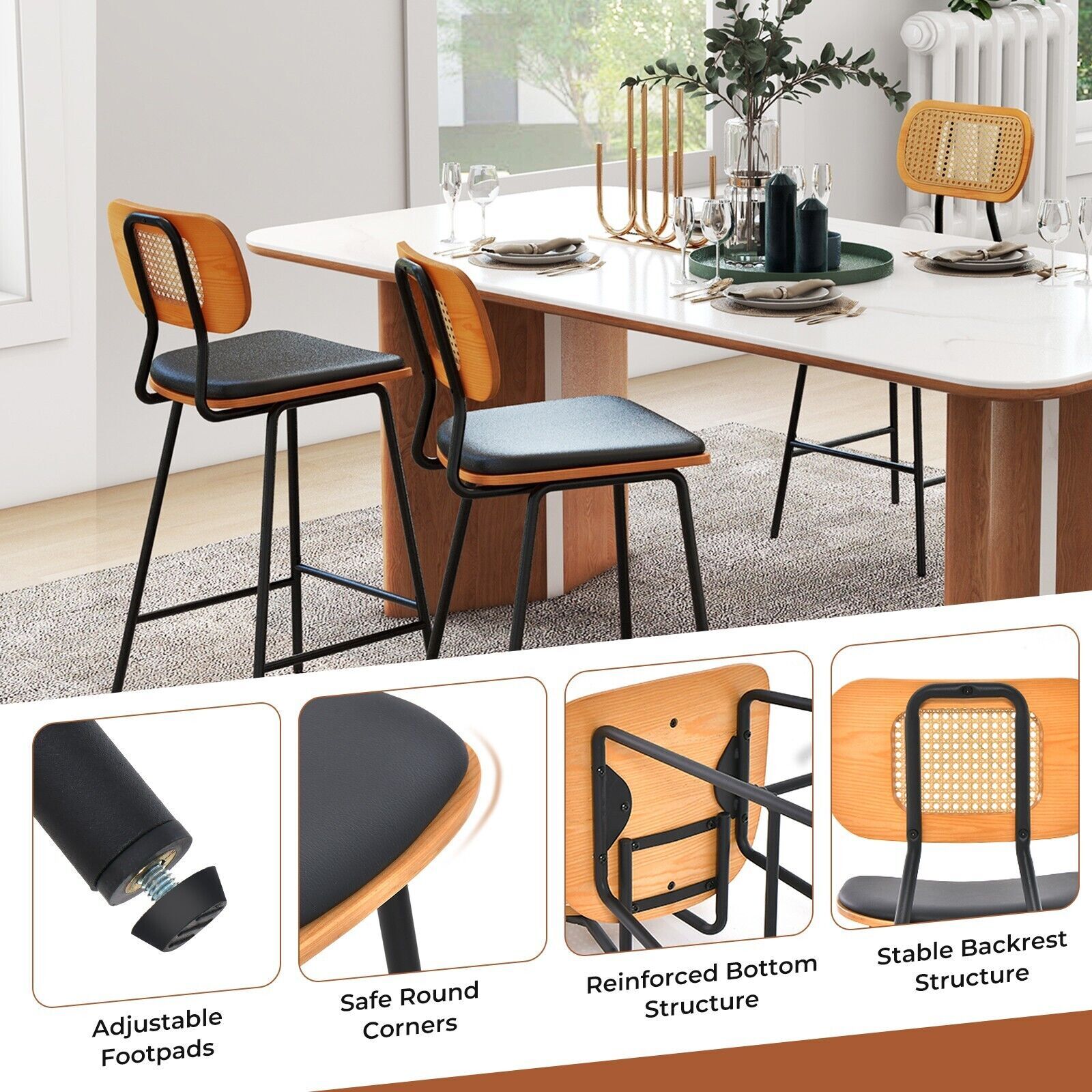 Set of 2 Bar Stools Dining Counter Height Chair Padded Seat With Rattan ...