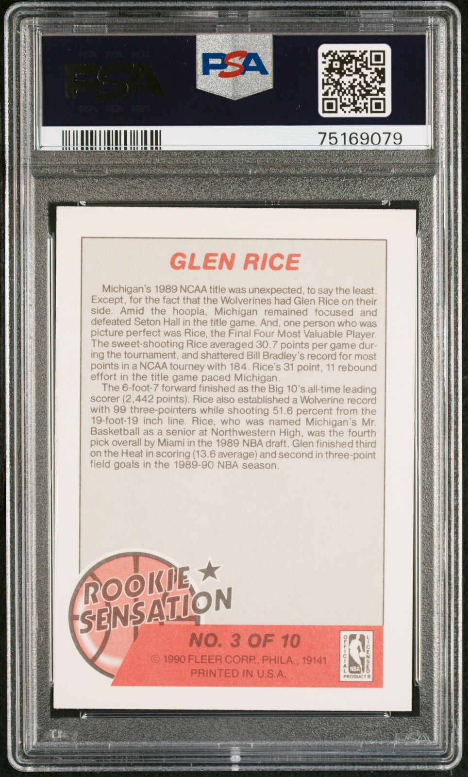1990-91 Fleer Rookie Sensations #3 Glen Rice | PSA 9 Mint | Miami Heat ...