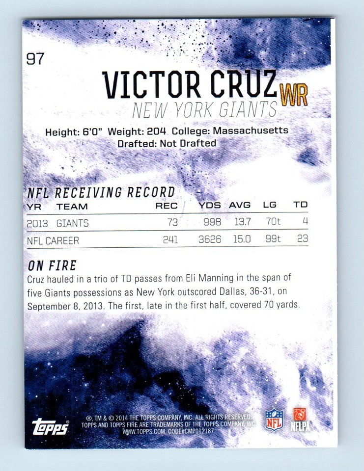 2014 Topps Fire Victor Cruz New York Giants #97 | eBay