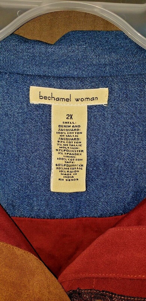 Bechamel Jacket Women's 2X Denim & Jacquard Patchwork Button Up Blazer ...