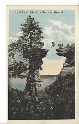 POSTCARD STAND ROCK DELLS OF THE WISCONSIN RIVER - MAN JUMPING BETWEEN ...