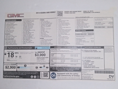 2014 GMC Acadia AWD Denali Original Monroney Label/Window Sticker MSRP ...