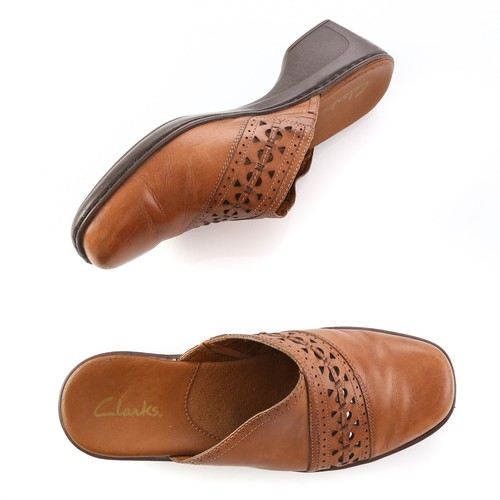 Clarks Brown Leather Cut Out Mules Slip On Casual Shoes Heels Women 8.5 ...