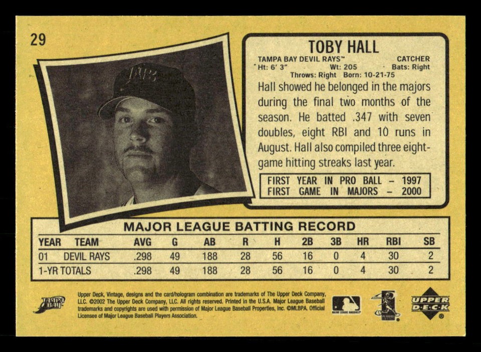 Toby Hall 2002 Upper Deck Vintage #29 Tampa Bay Devil Rays | eBay