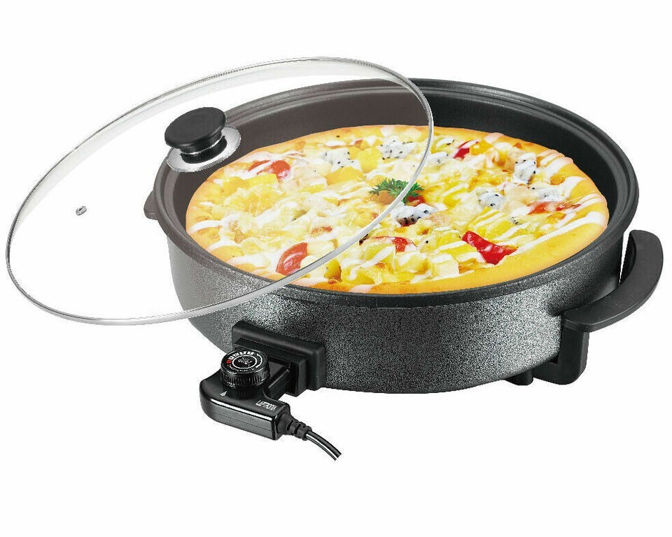 Large Multi Cooker Paella Pizza Electric Frying Pan Glass Lid 1500W ...