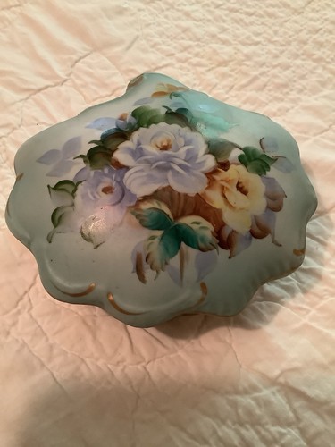 Vtg Ucagco Dresser Trinket Box handpainted Japan Blue ~ Yellow Roses ...