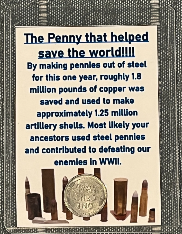 Vintage WWII 1943 Steel Penny with patriotic message and display card ...