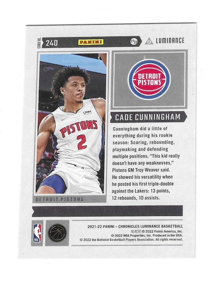 2021-22 Panini Chronicles Luminance Basketball Cade Cunningham Rookie ...