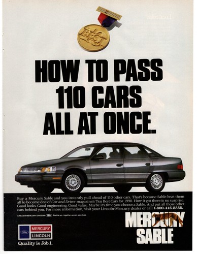 Mercury Sable Car Ford Lincoln 1990 Vintage Print Ad Original Man Cave ...