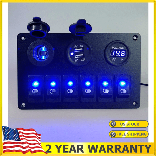 1X Switch Panel 6 Gang USB for Car Boat Marine RV Truck Blue LED Car ...