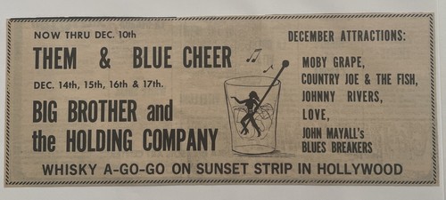 1967 Big Brother & The Holding Co. Them, Blue Cheer, WHISKY A GO GO ...