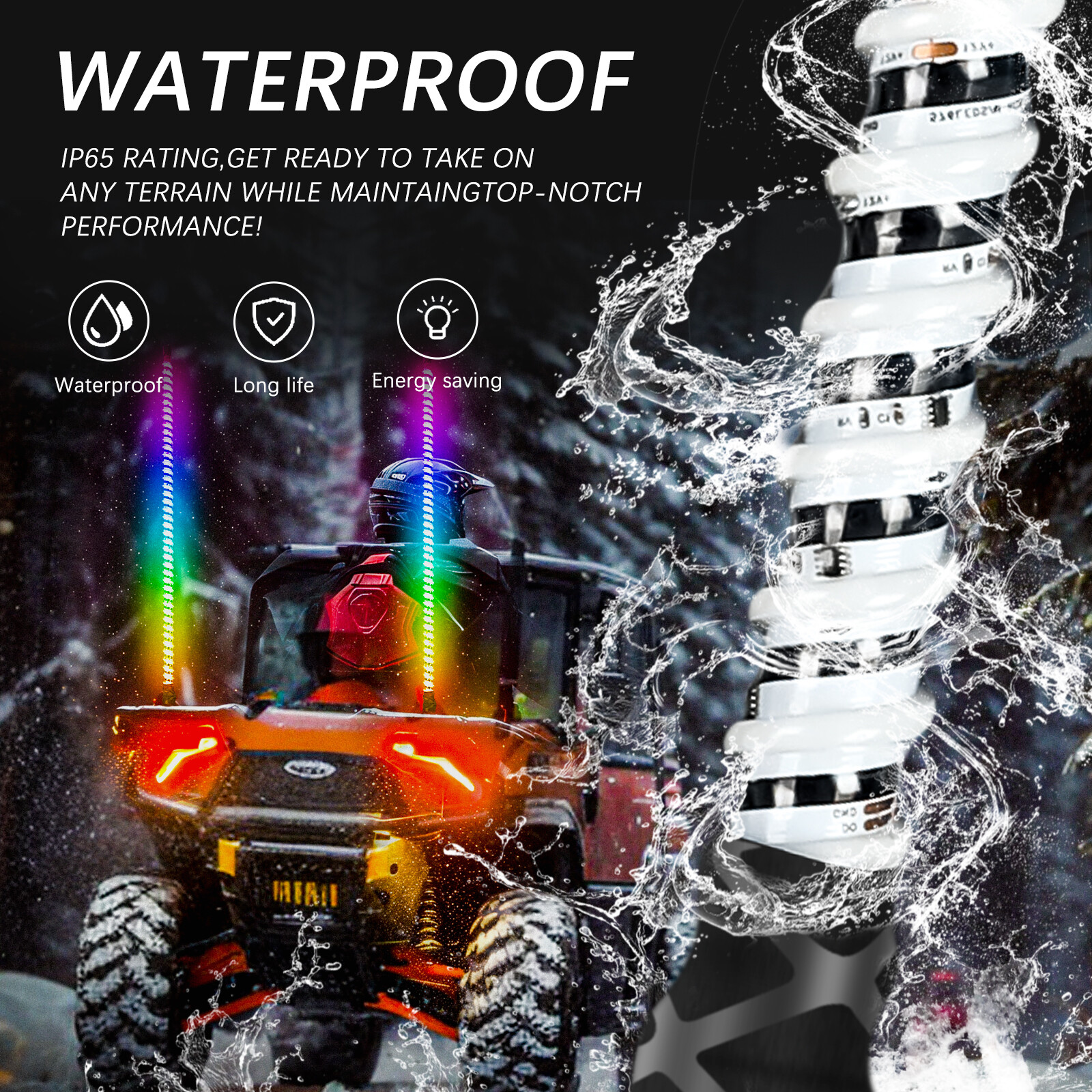 2X 3ft Lighted Spiral COB LED Whip Antenna w/Flag + 10X RGB Rock Lights ...