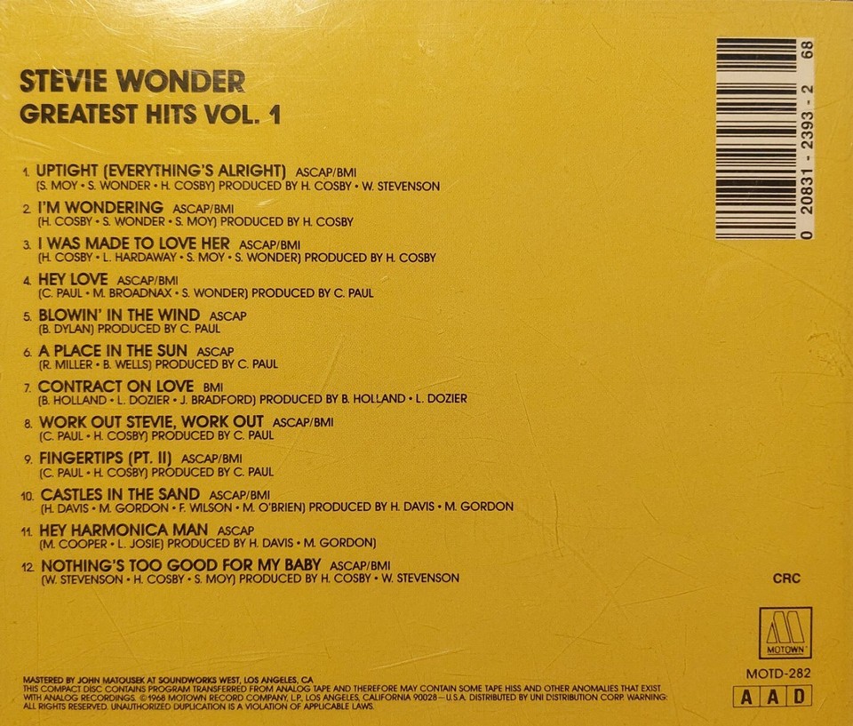 Stevie Wonder : Greatest Hits Volume 1 - Audio CD | eBay
