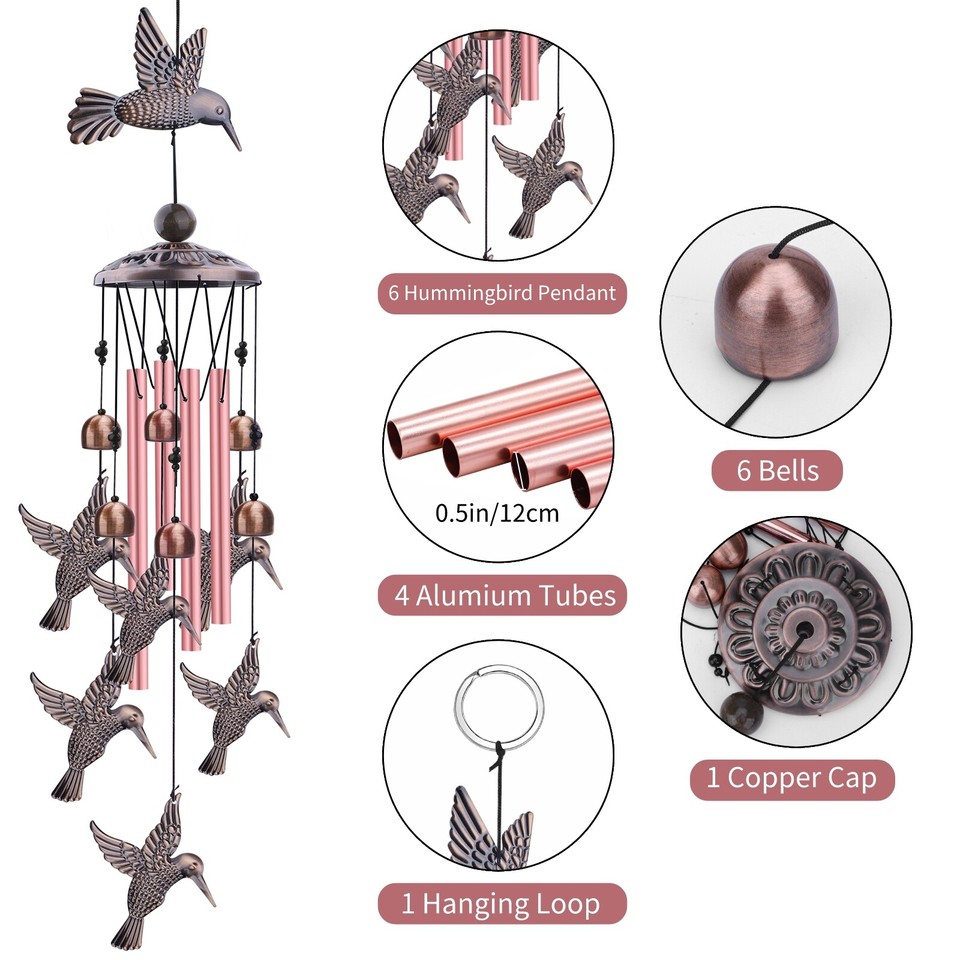 Large Hummingbird Metal Wind Chimes Outdoor Garden 4 Tubes Bells Home ...