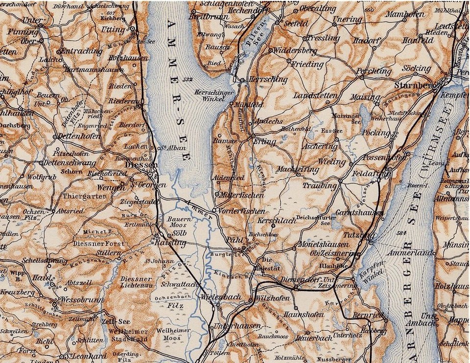 1910 ANTIQUE MAP OF AMMERSEE STARNBERGER SEE WEILHEIM BAVARIA GERMANY ...