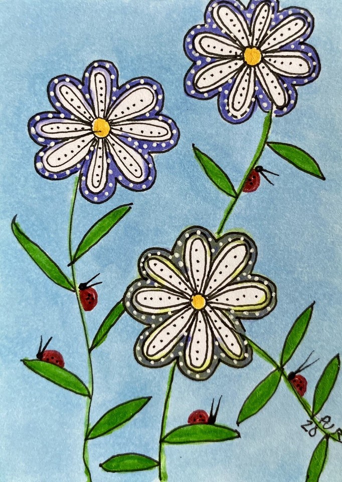 “Lazy Daisies” ACEO Ladybugs Flowers Daisy Original Art By OUTSIDER ...