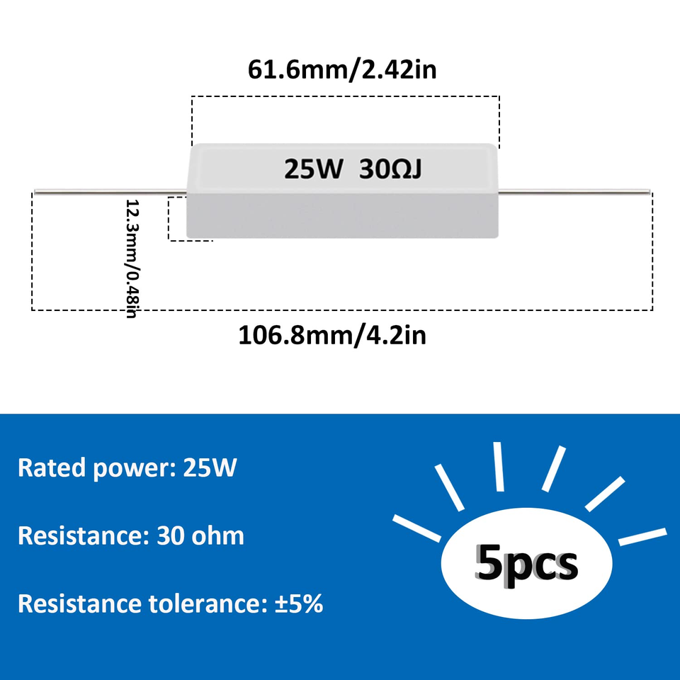 5Pcs 25W 30Ohm Ceramic Cement Resistors ±5% Tolerance Cement Resistors ...