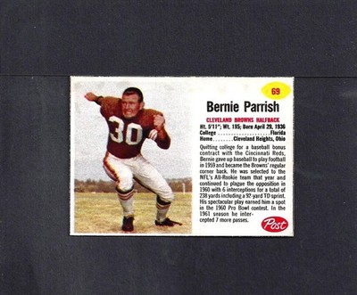 1962 POST CEREAL FOOTBALL #69 BERNIE PARRISH-2--BROWNS--NO CREASES--EX ...