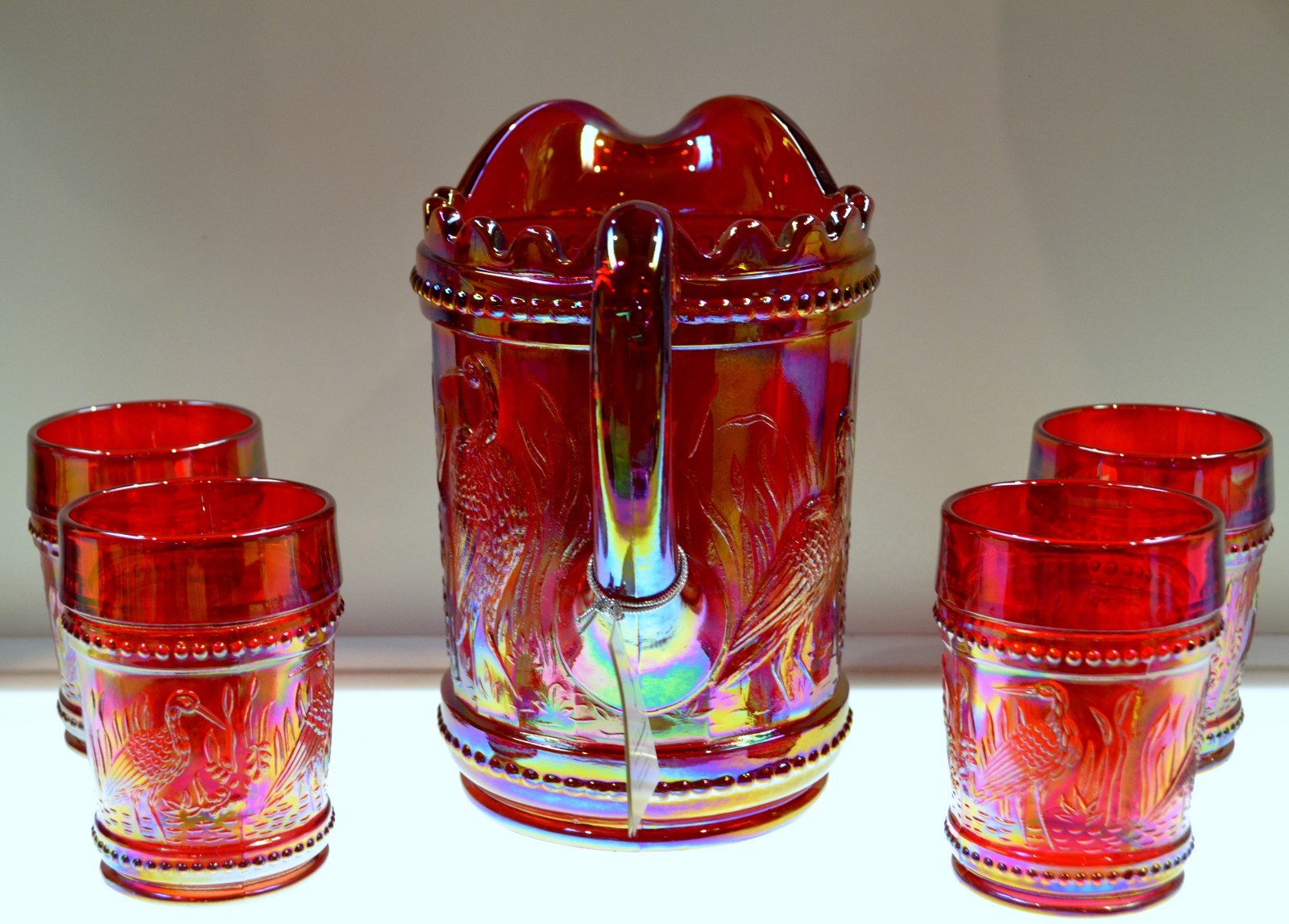 FENTON WATER SET RUBY RED CARNIVAL Stork & Rushes 5501RN nib ...