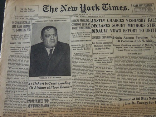 1947 SEPTEMBER 21 NEW YORK TIMES NEWSPAPER - LAGUARDIA IS DEAD AT 64 ...