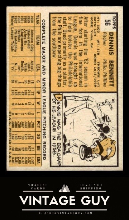 1963 Topps #56 Dennis Bennett RC Vintage Philadelphia Phillies Baseball Card | eBay