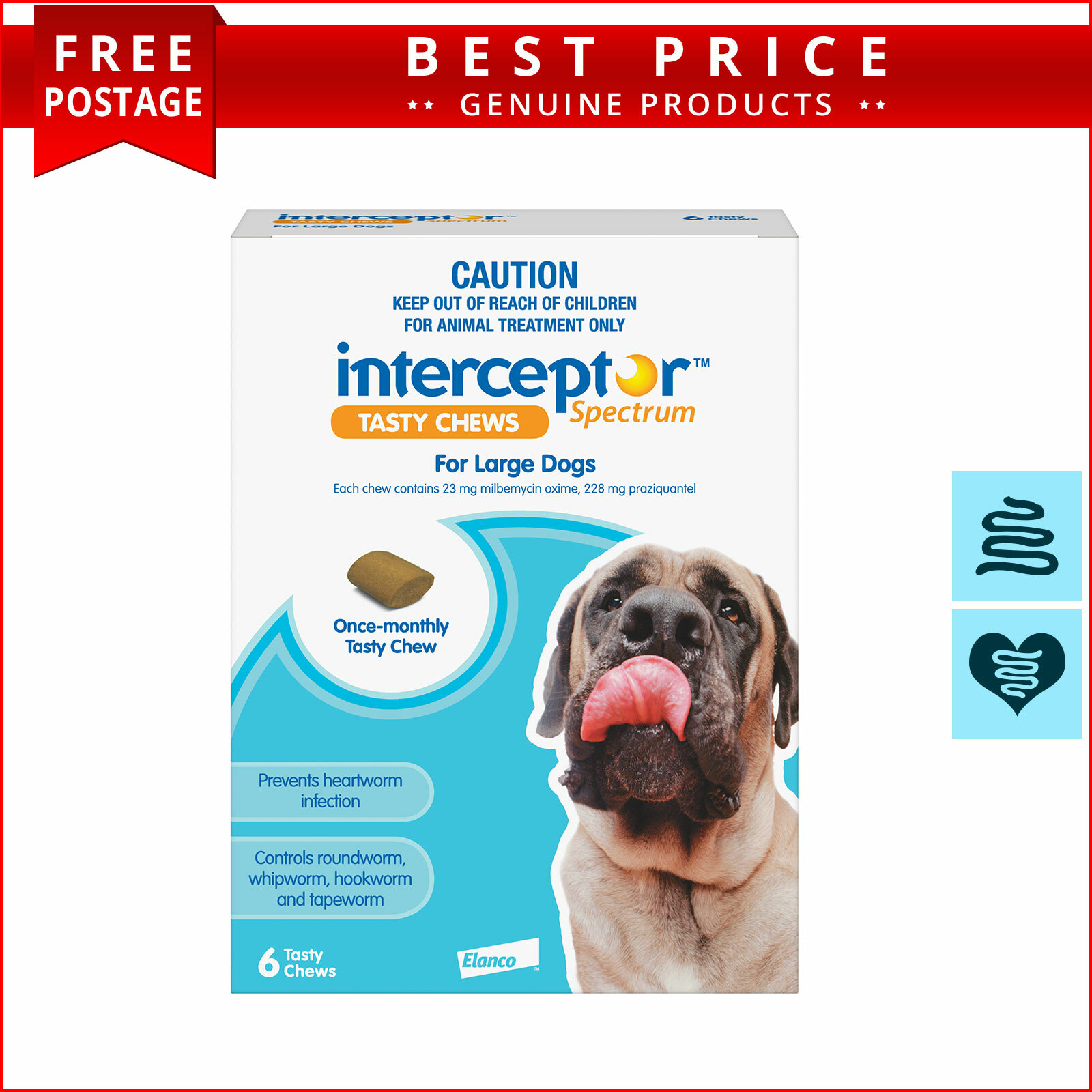 INTERCEPTOR Spectrum 6 Doses Heartworm Control for Dogs 22 to 45 Kg ...