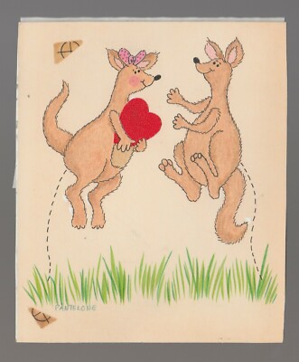 VALENTINE Cartoon Kangaroos Jumping w/ Heart 4.5x5" Greeting Card Art # ...