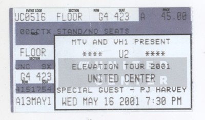 U2 & PJ Harvey 5/16/01 Chicago United Center Concert Rare Ticket Stub U ...