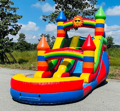 Rainbow Sun Castle 12 Foot Inflatable Water Slide + Commercial 1HP ...