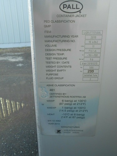 NEW PALL ALLEGRO LGRJTTE500L 304 STAINLESS STEEL 500L JACKETED TOTE ON ...