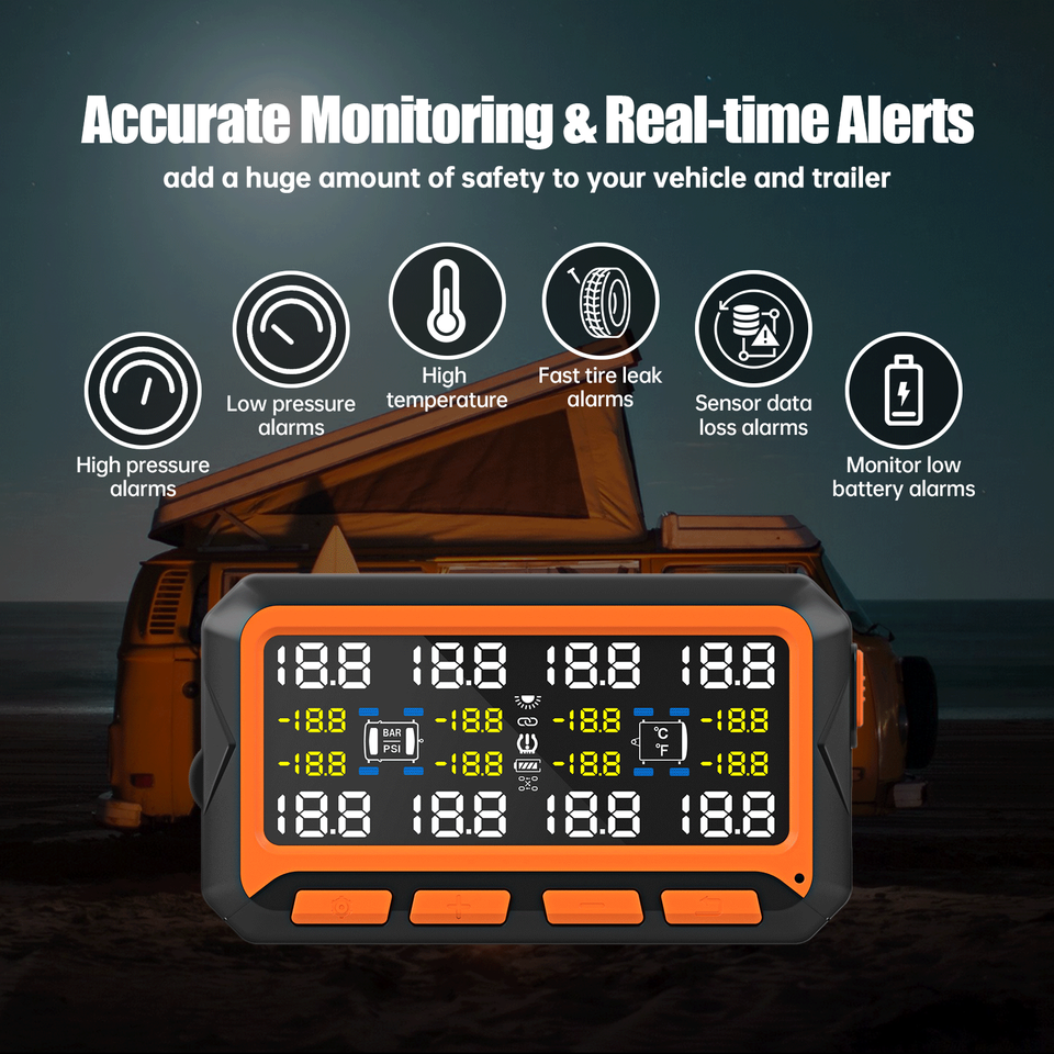 8 Sensor Solar USB Tire Pressure Monitoring System TPMS 7 Alert Mode ...