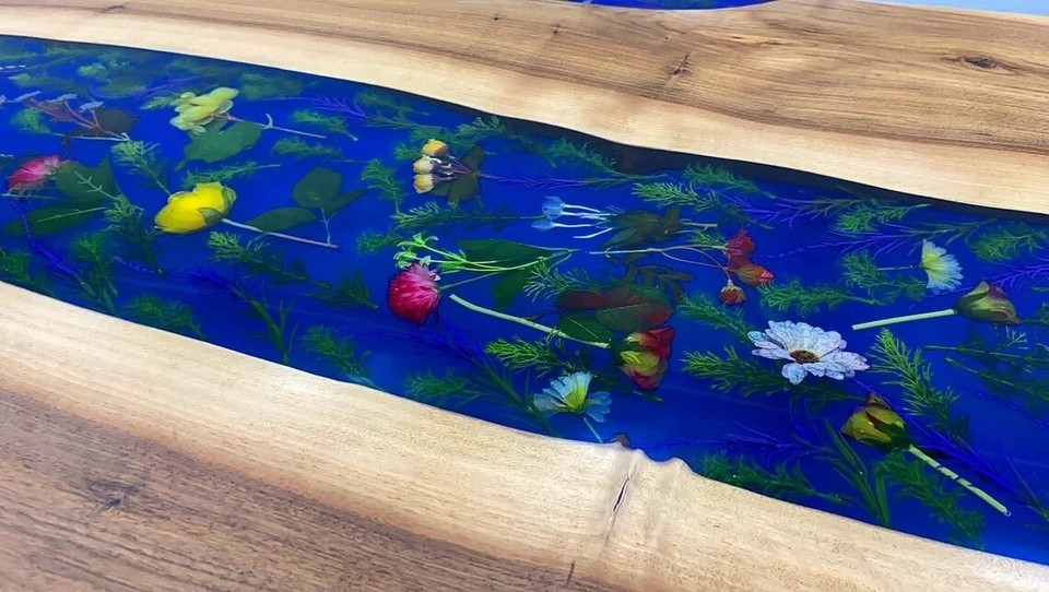 Flowers Walnut Blue Epoxy Resin Table/epoxy computer desk/epoxy coffee ...