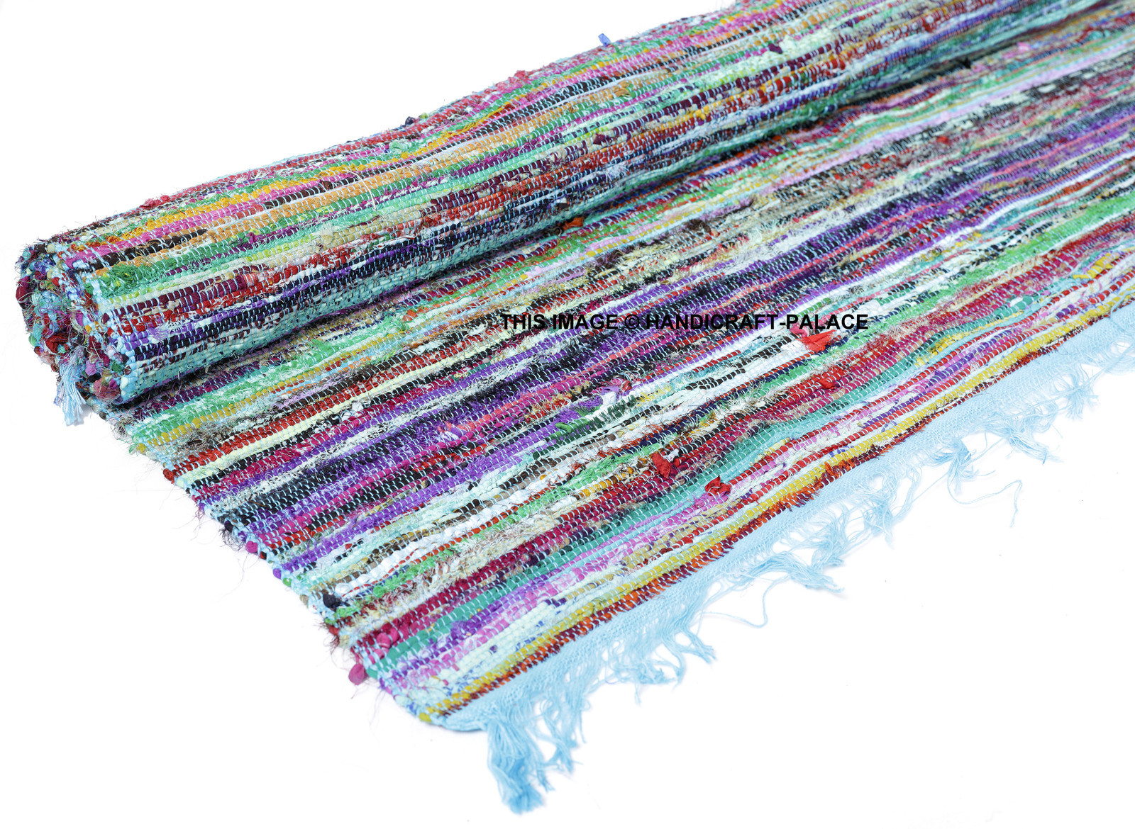 Hand Made Bohemian Cotton Chindi Area Rug in Turquoise, Blue,Multi ...