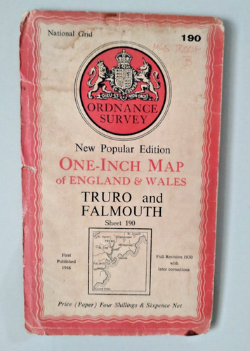 OS Ordnance Survey One Inch Paper Map, Truro & Falmouth, Sheet 190 ...