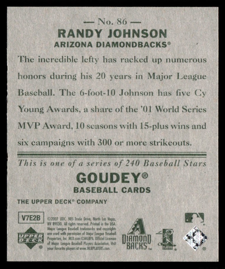 2007 Upper Deck Goudey Randy Johnson Arizona Diamondbacks #86 | eBay UK