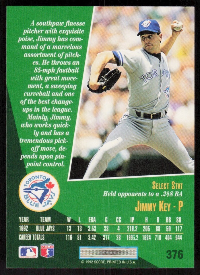 1993 Select Baseball Card Jimmy Key Toronto Blue Jays #376 | eBay