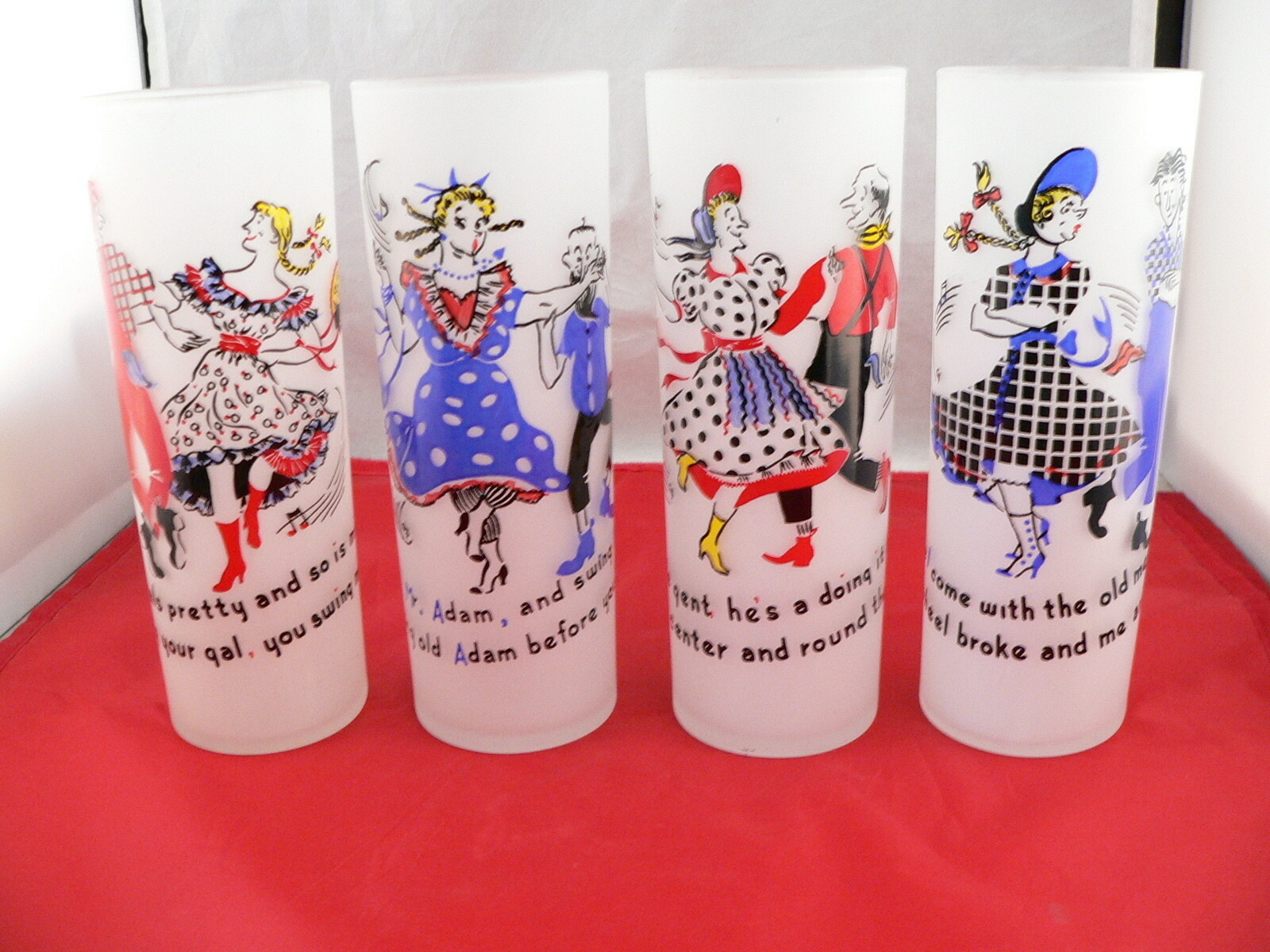 VINTAGE FROSTED DRINKING GLASSES with SQUARE DANCERS-----EIGHT (8 ...