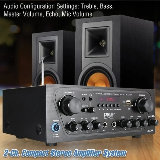 Pyle Amplifier Stereo Receiver Bluetooth Home Audio 250 Watt 2 Channel ...