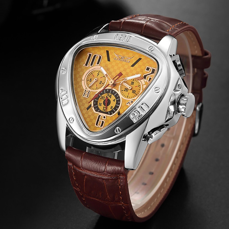 JARAGAR Mens Triangle Automatic Mechanical Watch Leather Calendar Wrist ...
