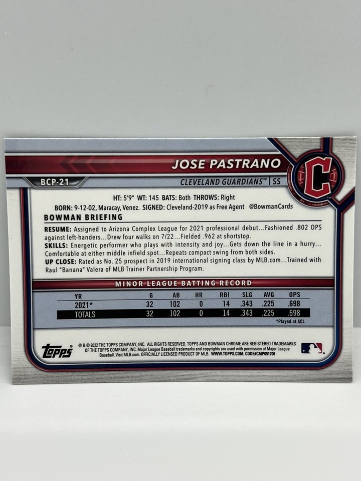 2022 Bowman Chrome Jose Pastrano 1ST #BCP-21 Cleveland Guardians ...