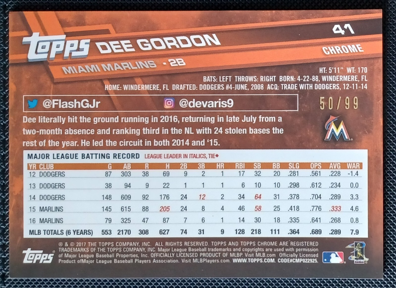 2017 Topps Chrome - Green Refractor #41 Dee Gordon /99 for sale online ...